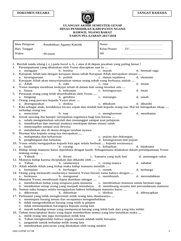 1c.soal UAS KTSP PA Katolik Kls 4 Semester 2 | PDF