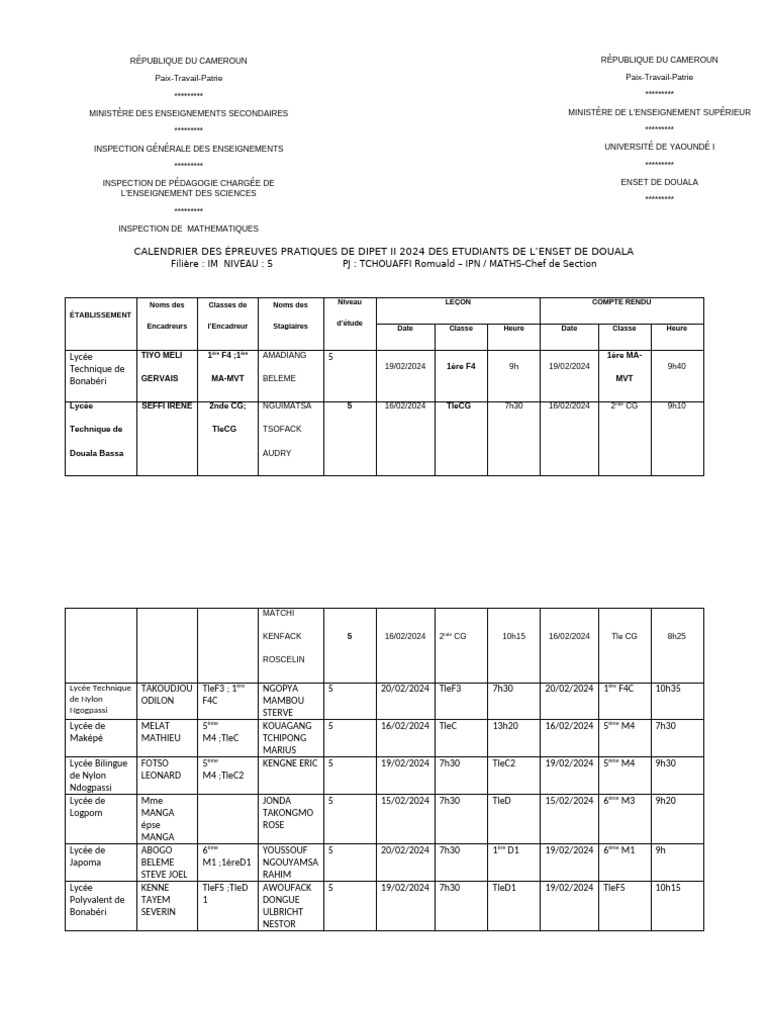 Calendrier Des Épreuves Pratiques de DIPET II ENSET Douala IM5 | PDF