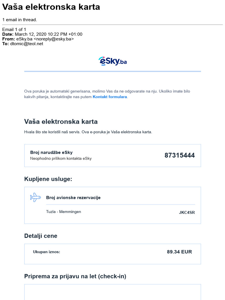 Elektronska Karta Za Let Tuzla Memingen | PDF