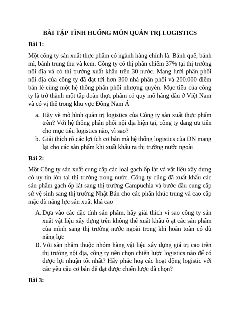 Bài tập tình huống Quản trị logistics | PDF