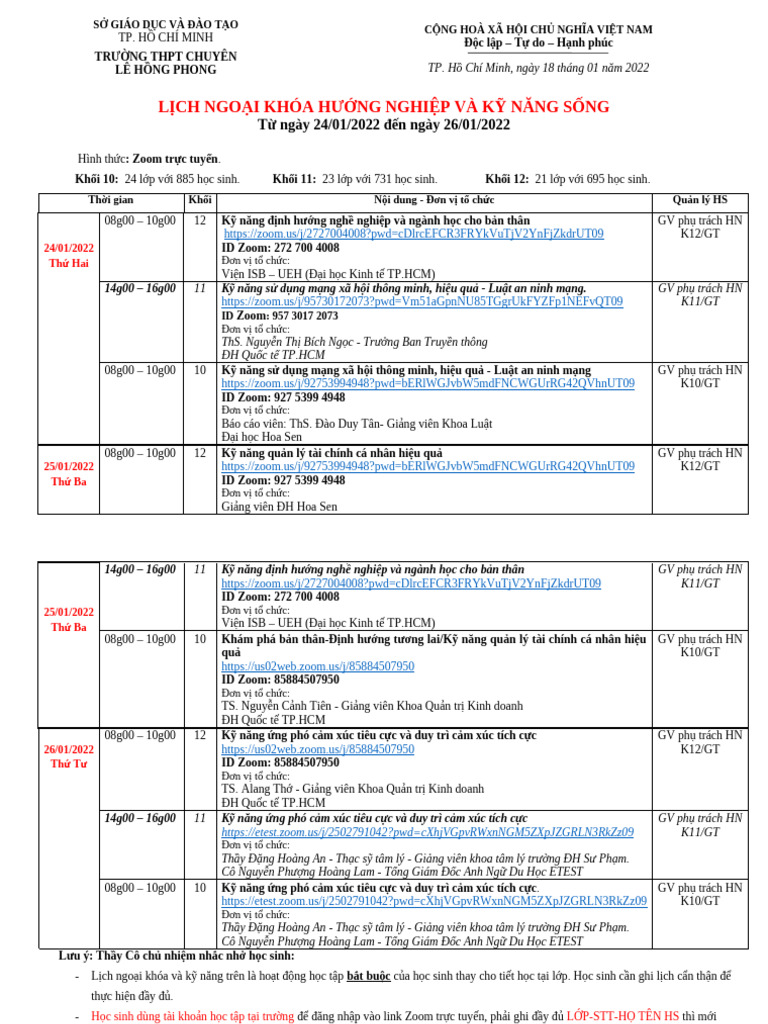 2021 2022 HK1 Lich Huong Nghiep Ky Nang Song | PDF