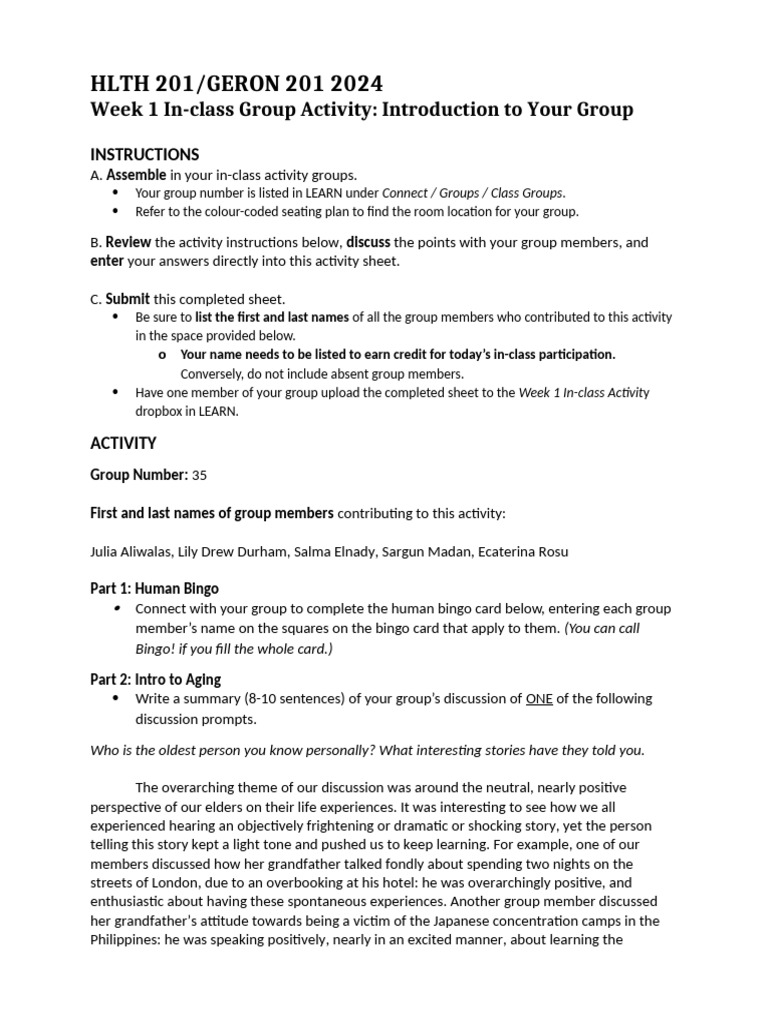 HLTH-GERON201 F24-Week1-Human Bingo and Intro To Aging | PDF