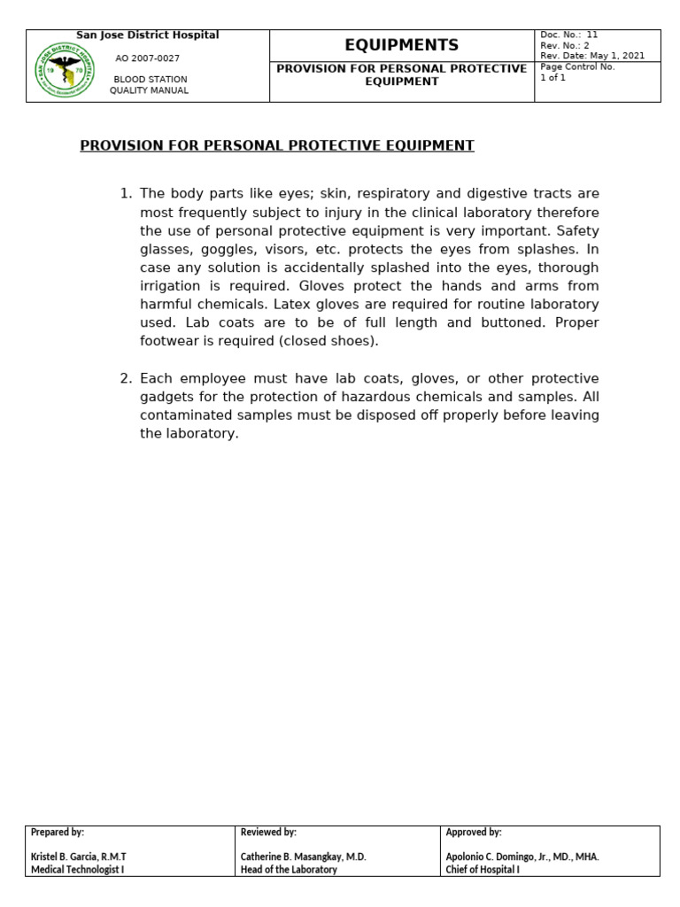 1.5.1.3 Provision For Personal Protective Equipment DOC#11 | PDF