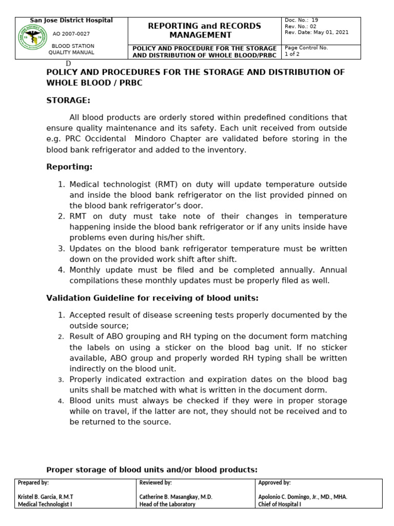 1.7.11.1 Policy and Procedure For The Storage and Distribution of PRBC ...