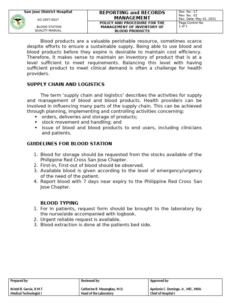 1.7.9.1 Policy and Procedure For The Management of Inventory of Blood ...