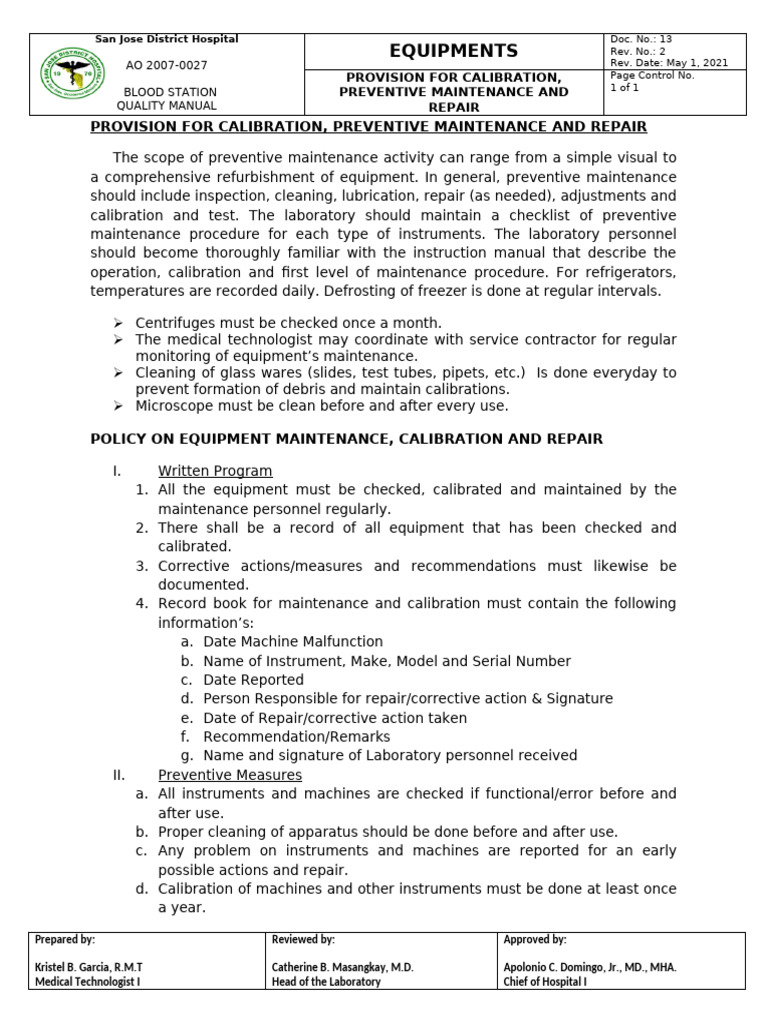 1.5.2.1 Provision for Calibration and Maintenance DOC#13 | PDF