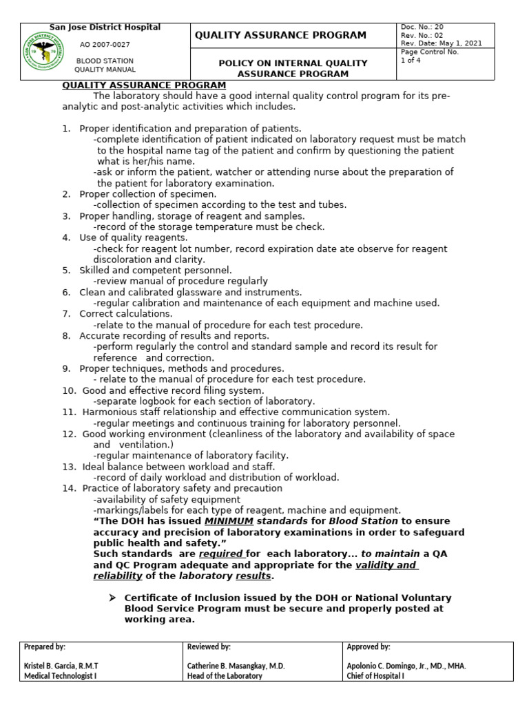 1.8.1 Policy & Procedure On Quality Assurance Program Including ...