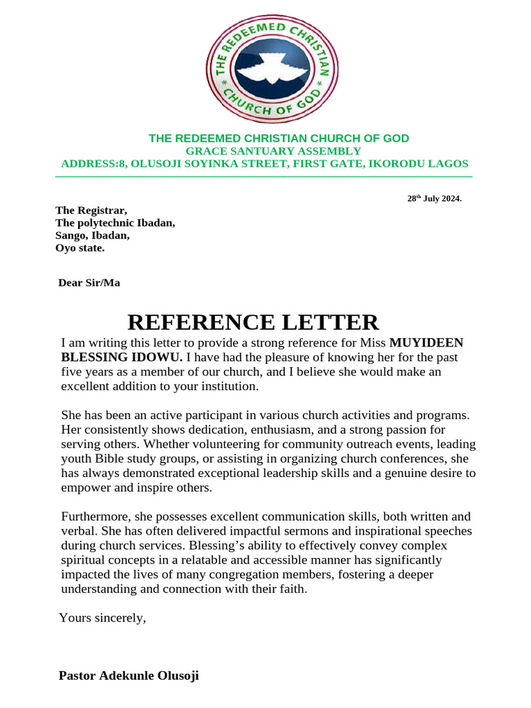 Church Recommendation Letter Template - Edit Online & Download Example ...