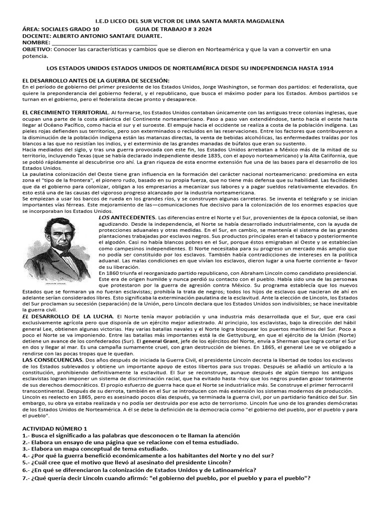 Guia # 3 Sociales 10 Tema Los Estados Unidos Estados Unidos de Norteamérica Desde Su ...