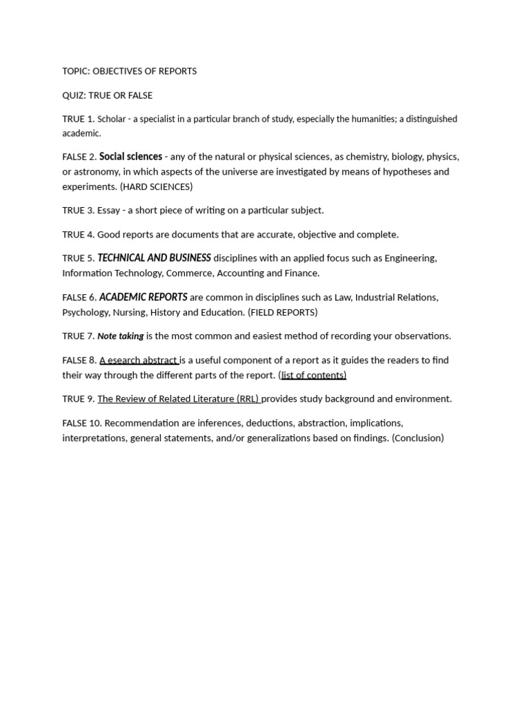 Quiz-Objectives of Reports-True or False | PDF