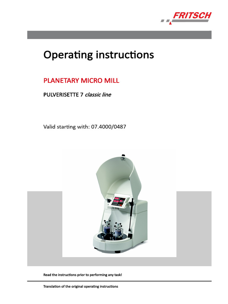 Operating Instructions: Planetary Micro Mill | PDF