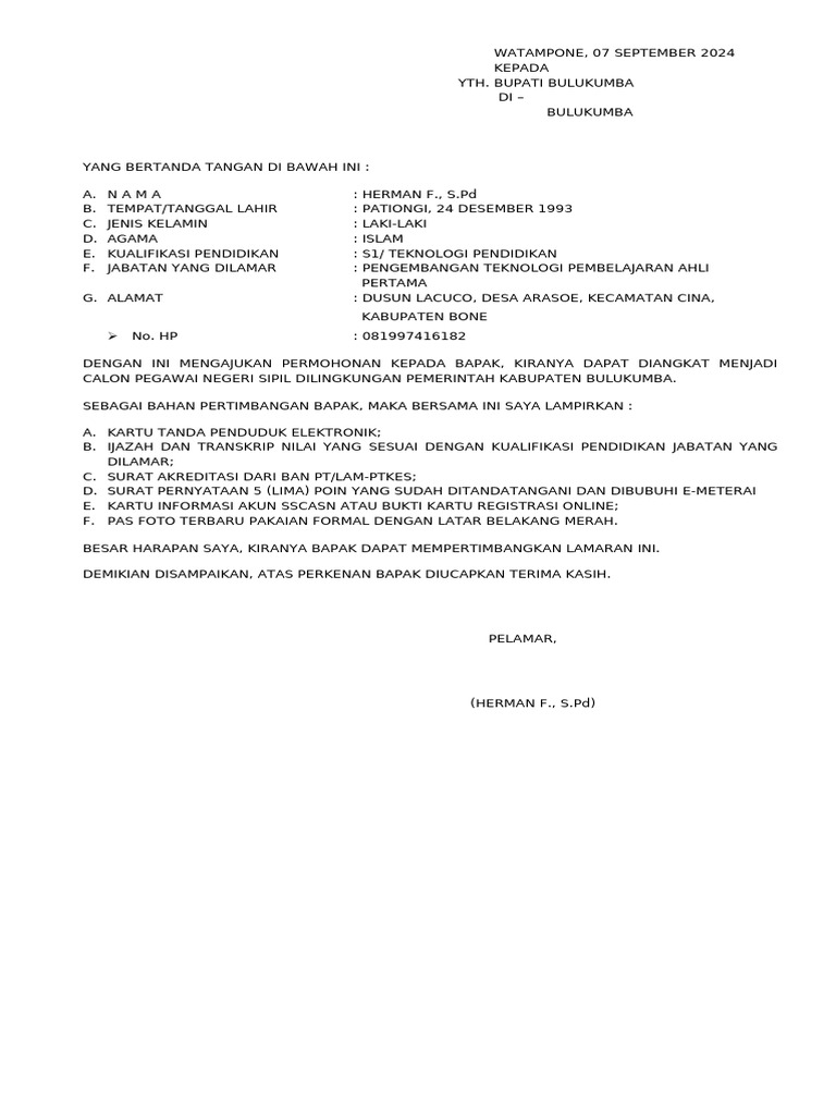 FORMAT SURAT LAMARAN CPNS TAHUN 2024 (Umum) | PDF