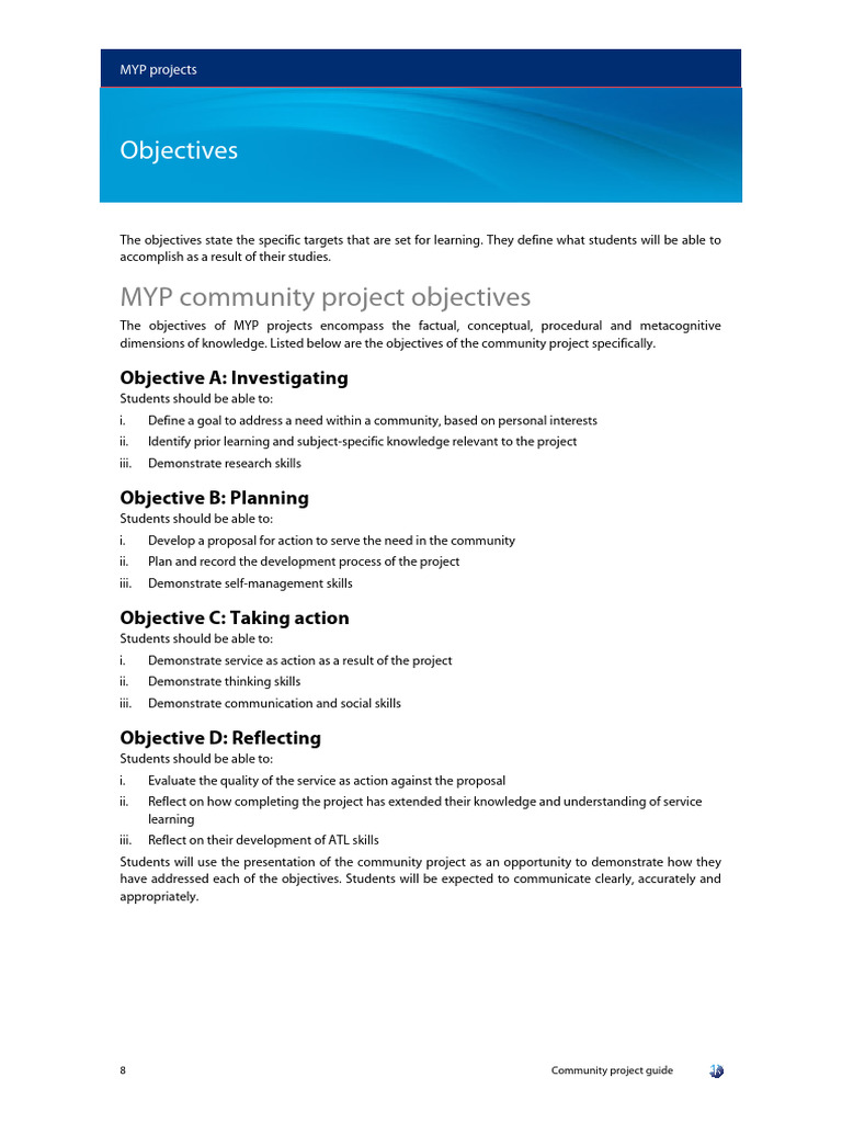 Community Project - MYP Assessment Objectives | PDF