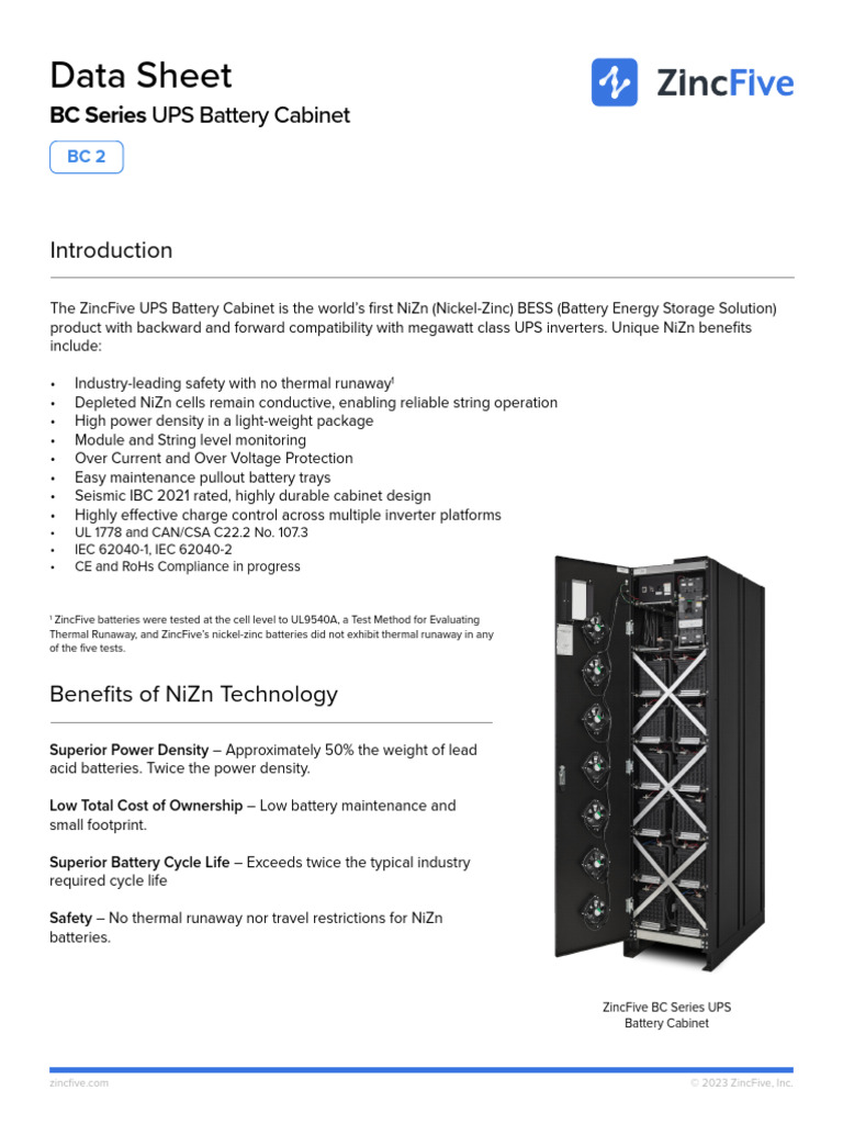 Zincfive BC Series Ups Battery Cabinet bc2 Data Sheet MKT MKT 0062 Rev ...