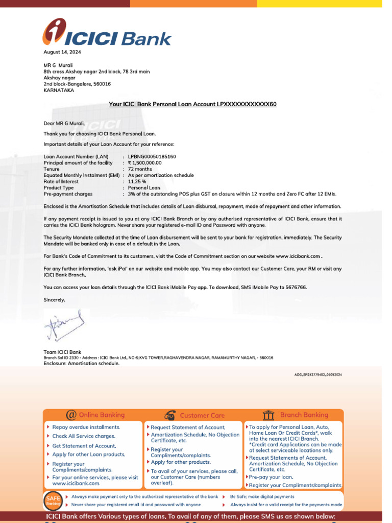 ICICI Loan Letter | PDF