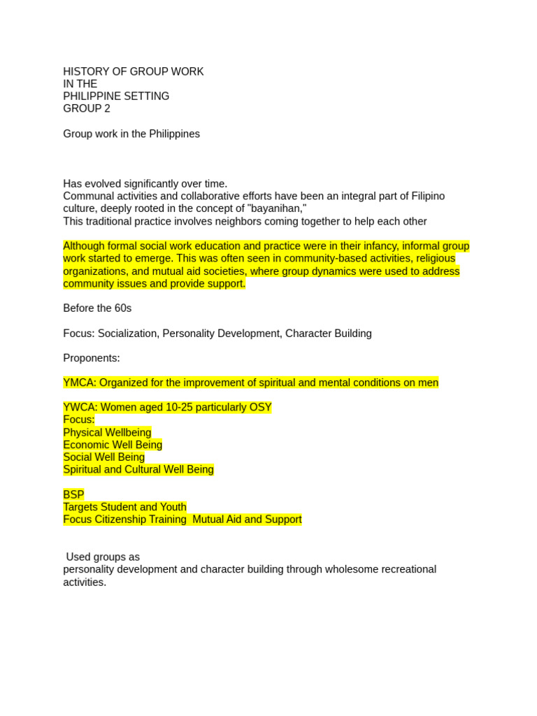 History of Group Work Handouts | PDF