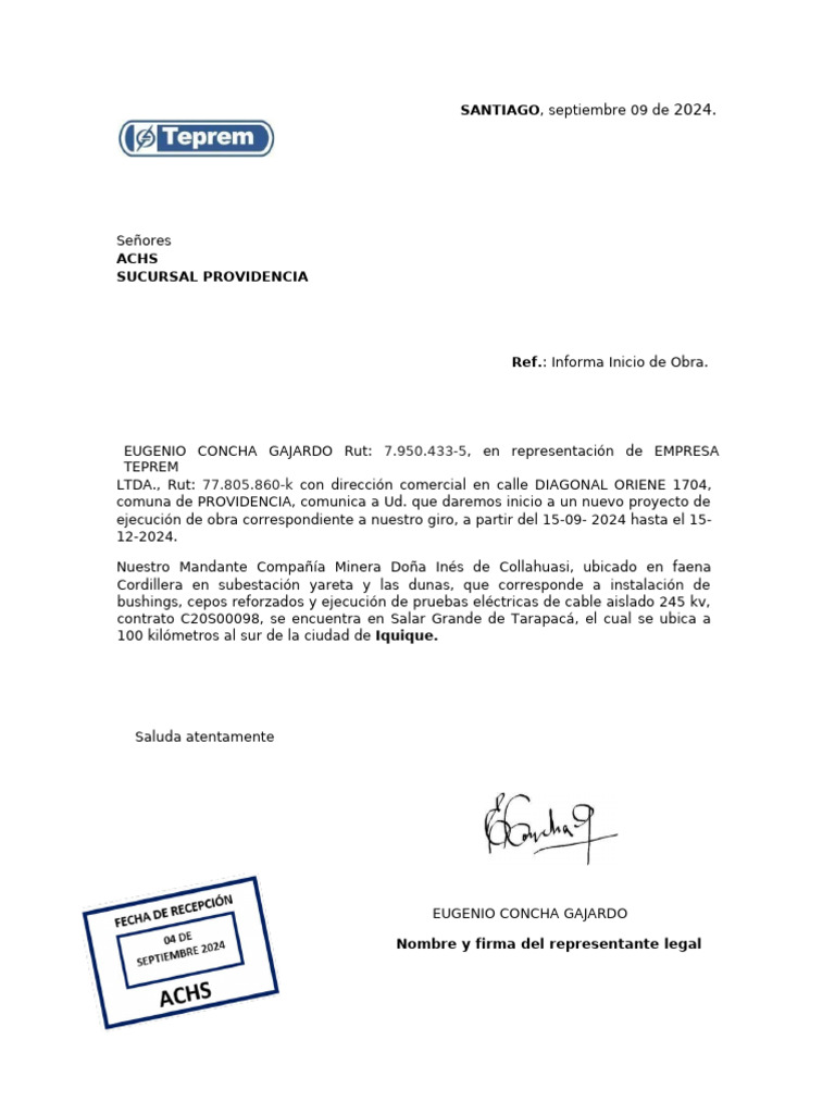 CARTA INICIO DE ACHS 04 09 2024 pdf | PDF