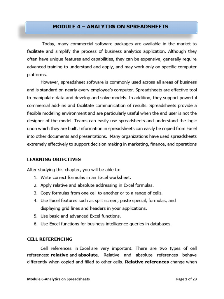 Module 4 - Analytics on Spreadsheets -updated | PDF