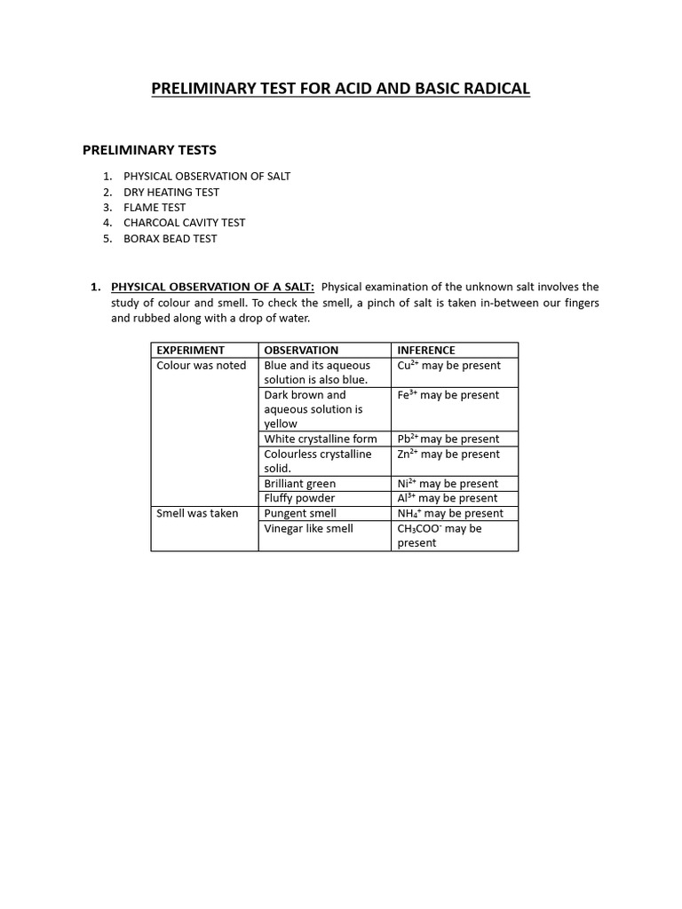 Preliminary Test For Acid and Basic Radicals | PDF