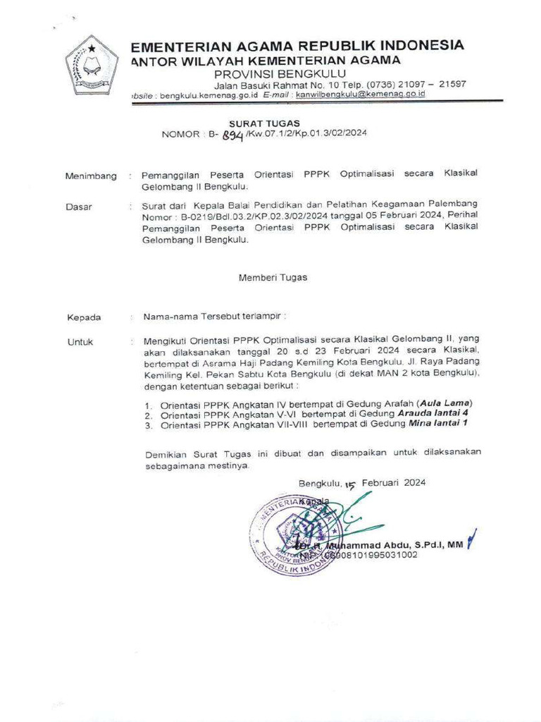 Surat Tugas Orientasi PPPK Optimalisasi Mita - Compressed | PDF
