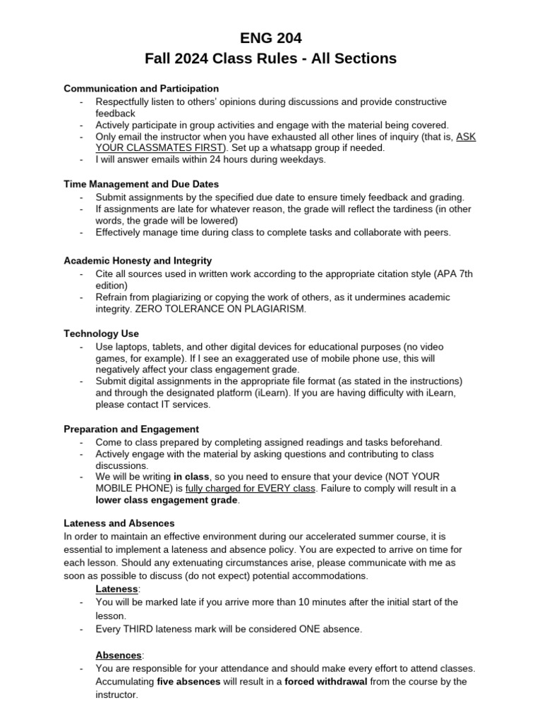 ENG 204 Fall 2024 Class Rules | PDF