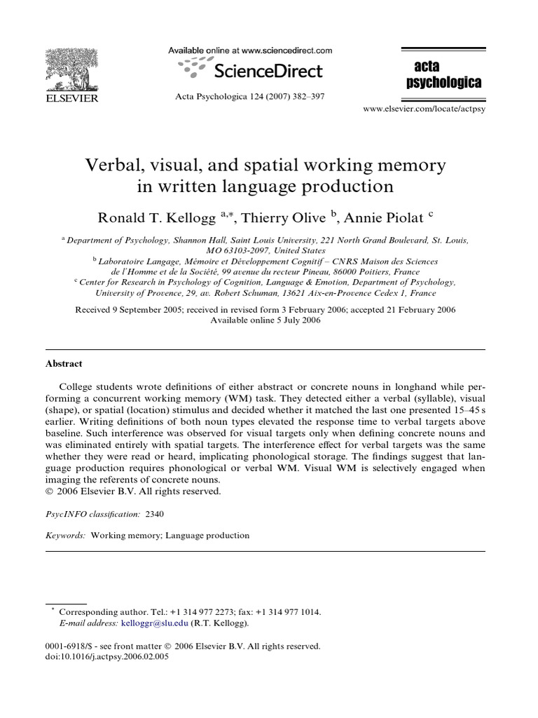 KELLOG - Verbal, Visual, and Spatial Working Memory | PDF
