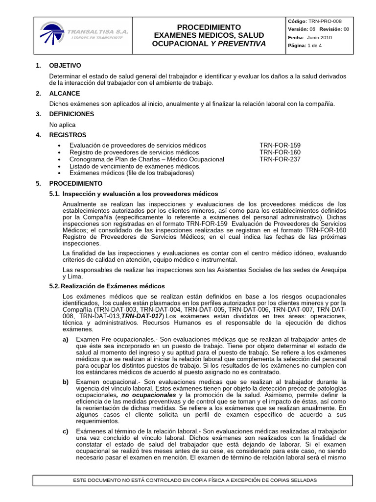 TRN-PRO-008 Exámenes Médicos y Salud Ocupacional - V6 | PDF