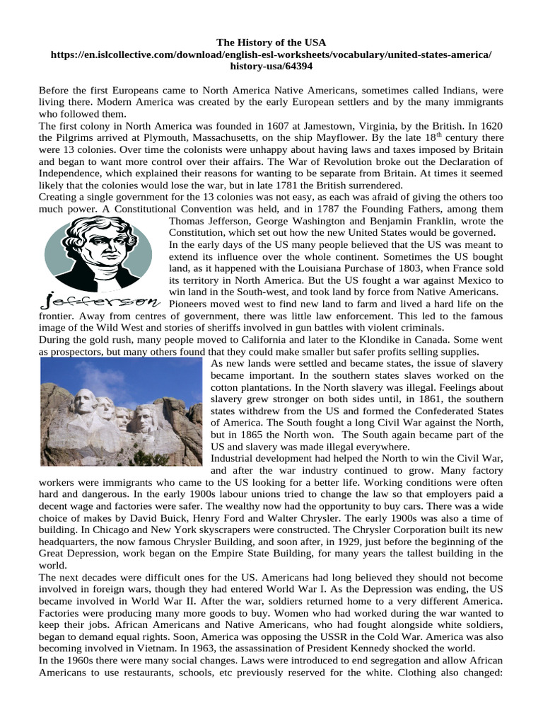 The History of The Usa Reading Comprehension Exercises - 64394 | PDF