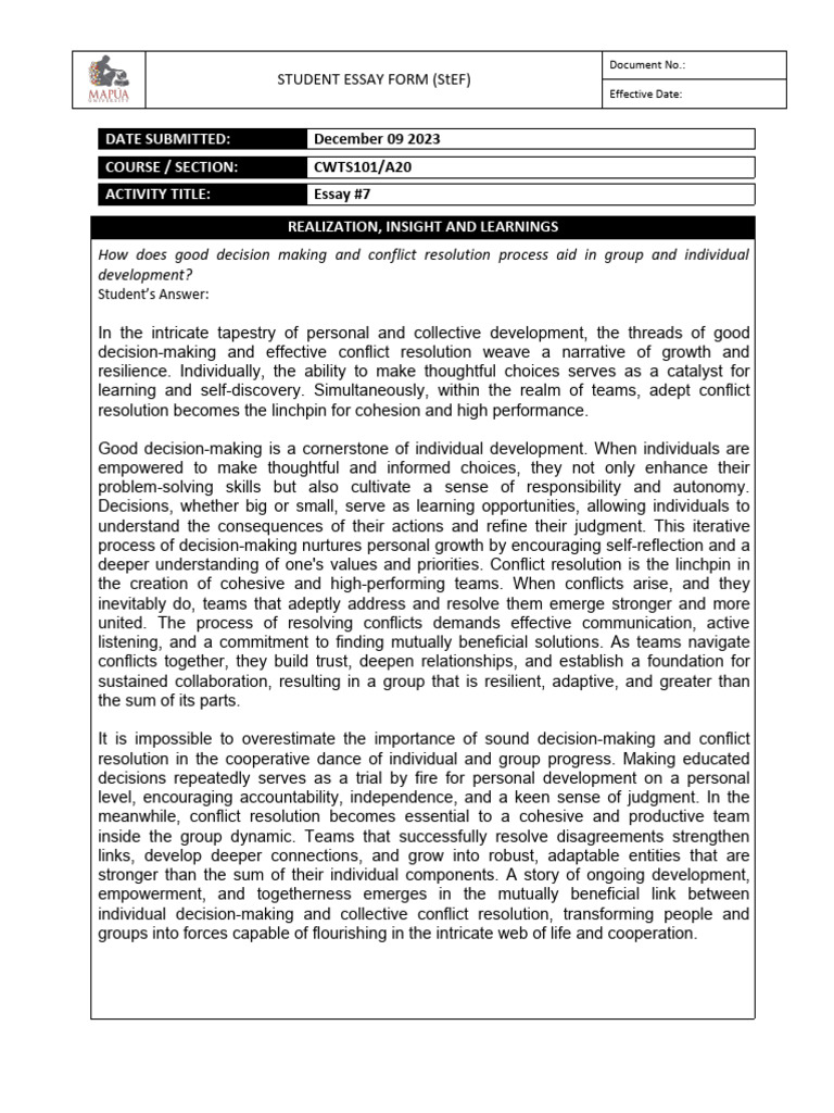 Form - CWTS101 Essay #7 | PDF