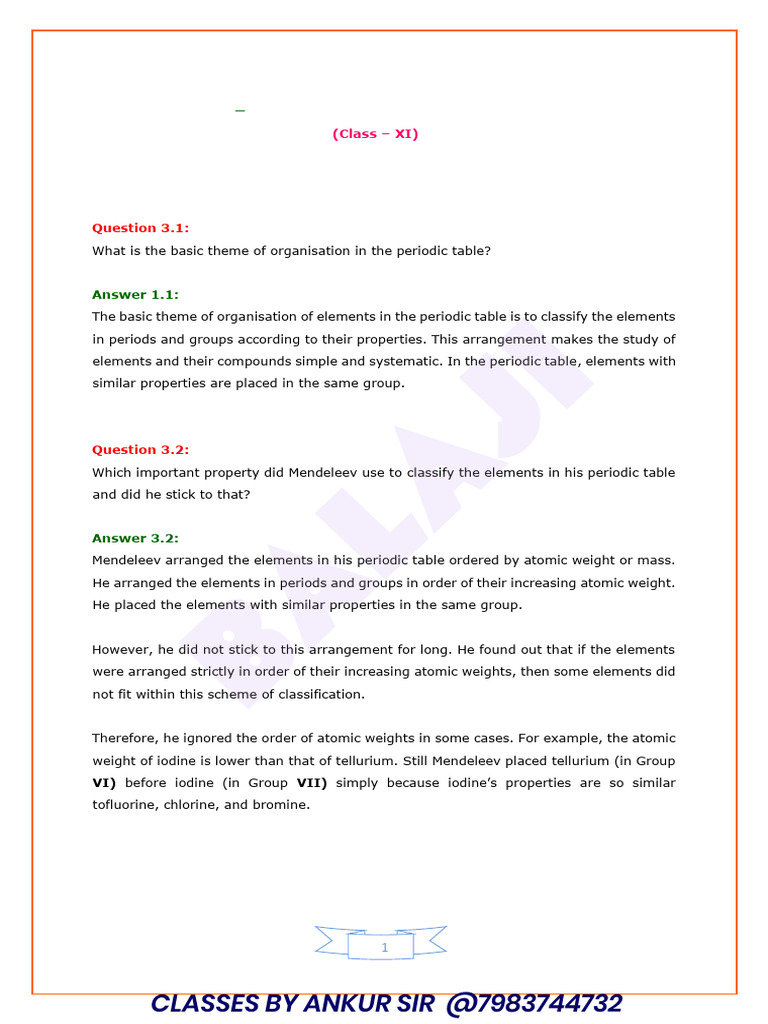 NCERT SOL PERIODIC CLASSIFICATION OF ELEMENTS | PDF