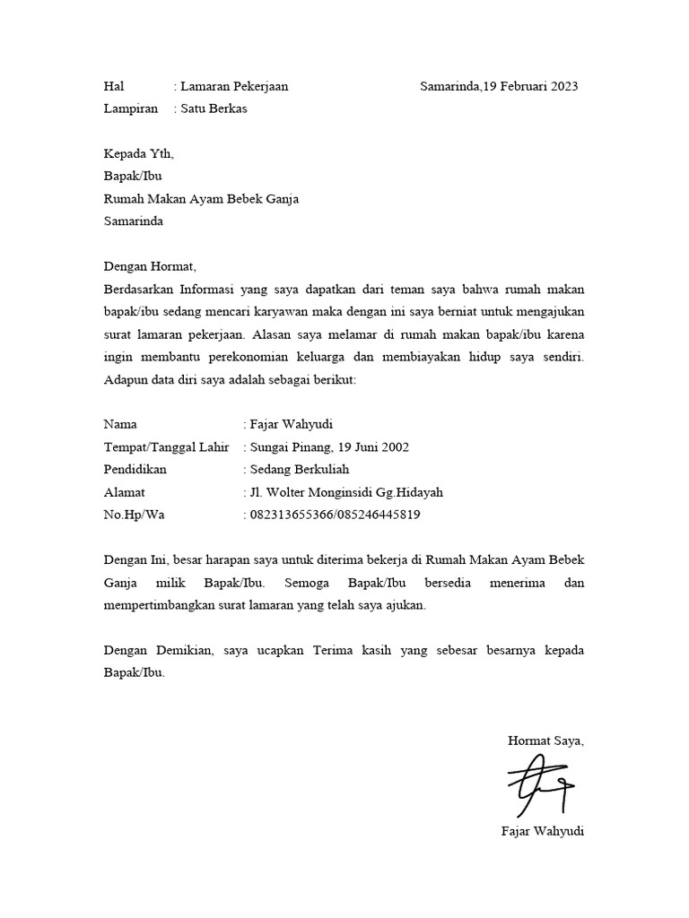 Surat Lamaran Kerja Fajar | PDF