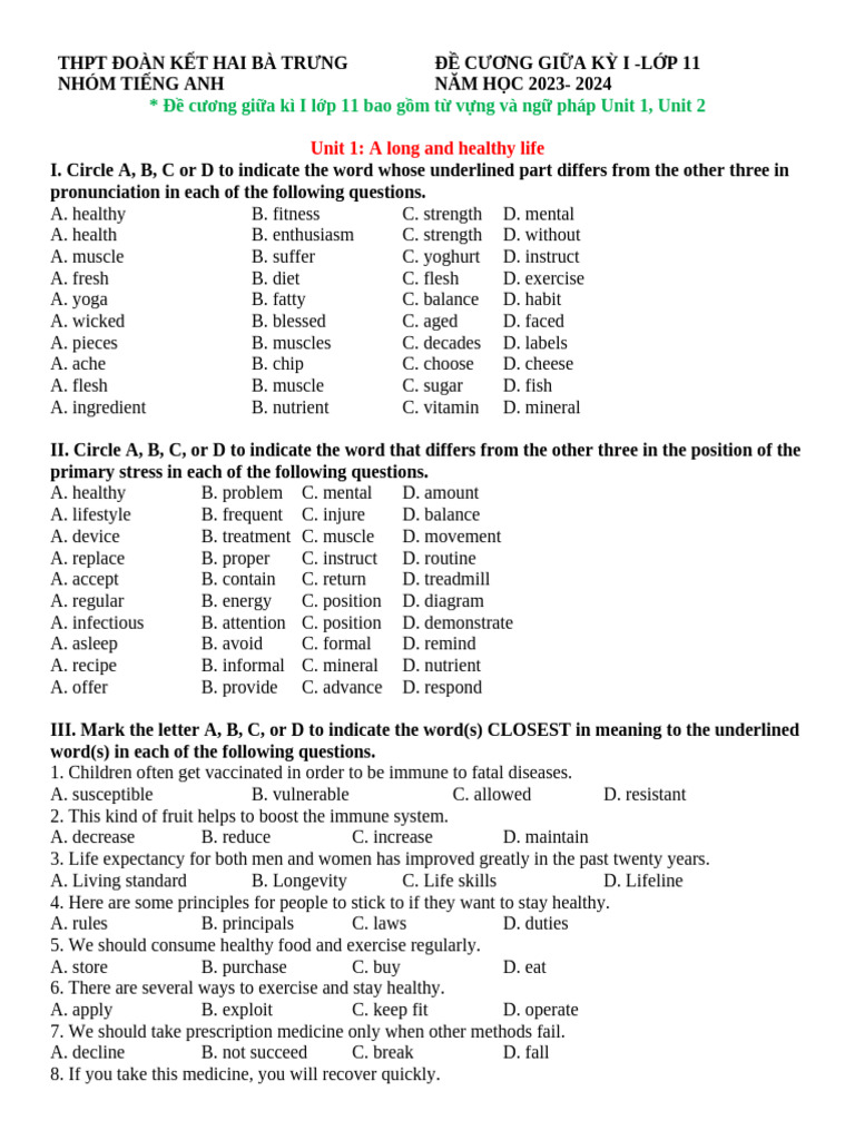 Đề Cương Gki Tiếng Anh 11 | PDF