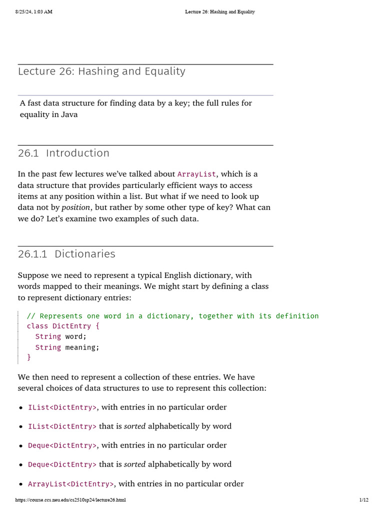 Lecture 26_ Hashing and Equality | PDF