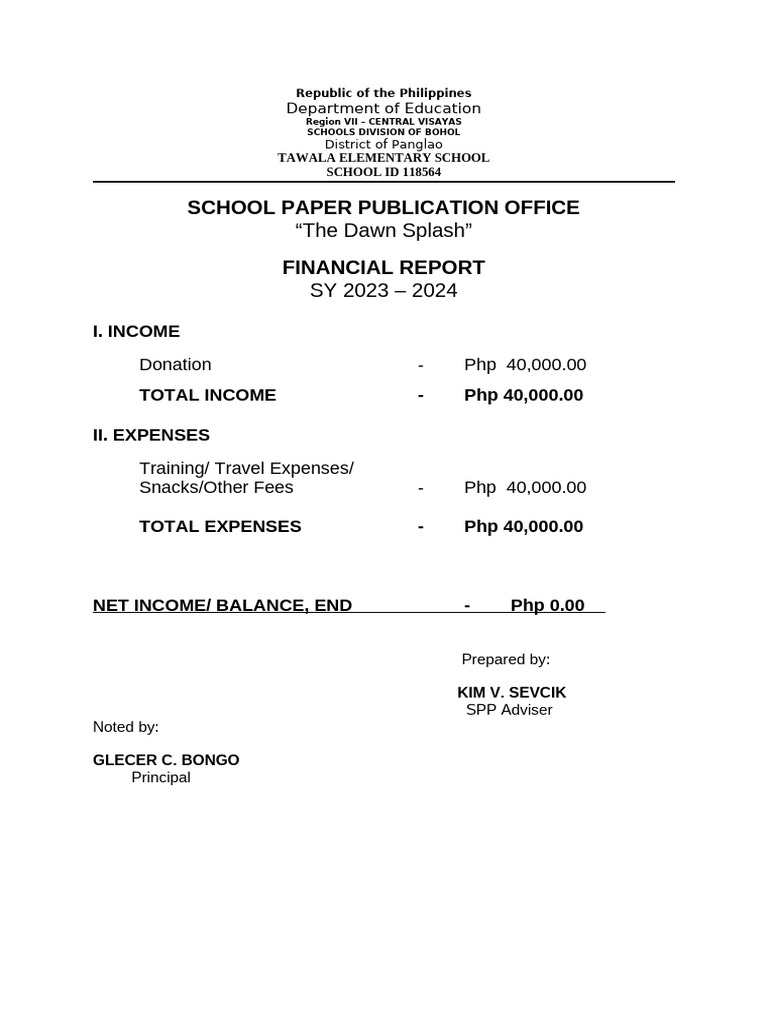 Tawala Elementary School Financial Report | PDF | Government