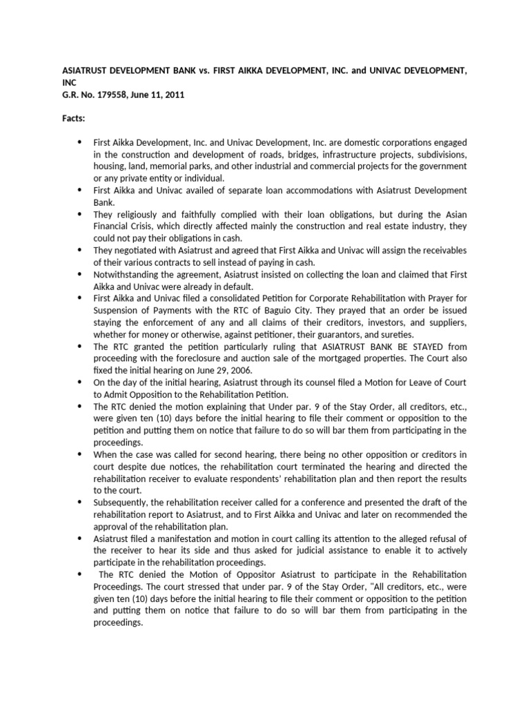 GR No. 179558 - Asiatrust Devt Bank V First Aikka Devt | PDF