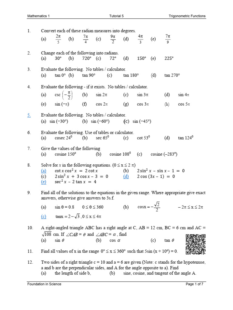 Chapter 5- Trigonometric Function Tutorial 2024 | PDF