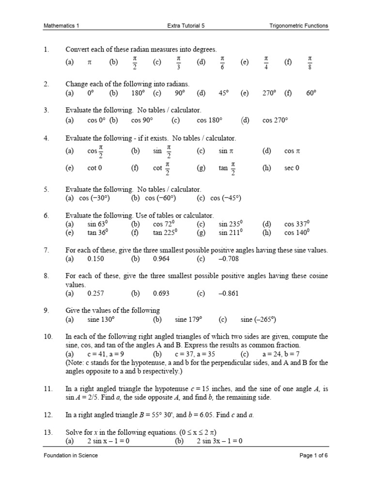 Extra Tutorial 5 - Trigonometric Functions - 1 | PDF