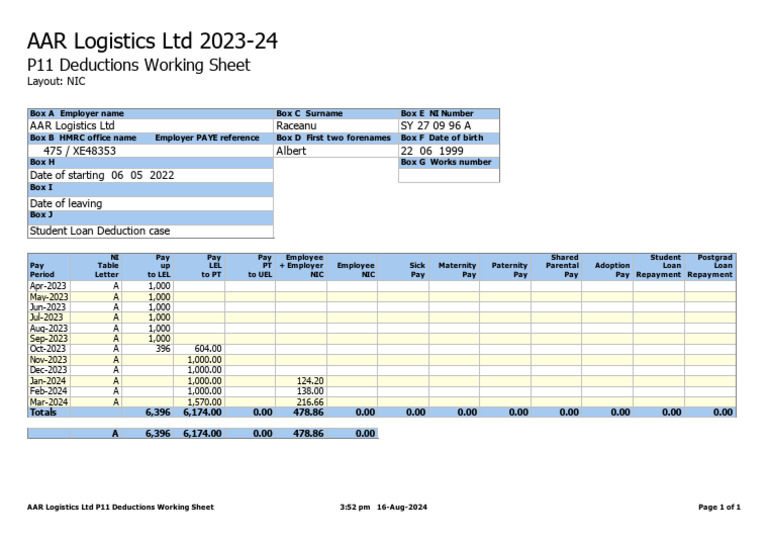 AAR Logistics LTD - P11 Deductions Working Sheet For Year 2023-24 For ...