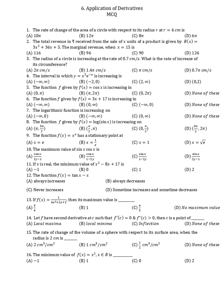 Application of Derivatives - MCQ | PDF