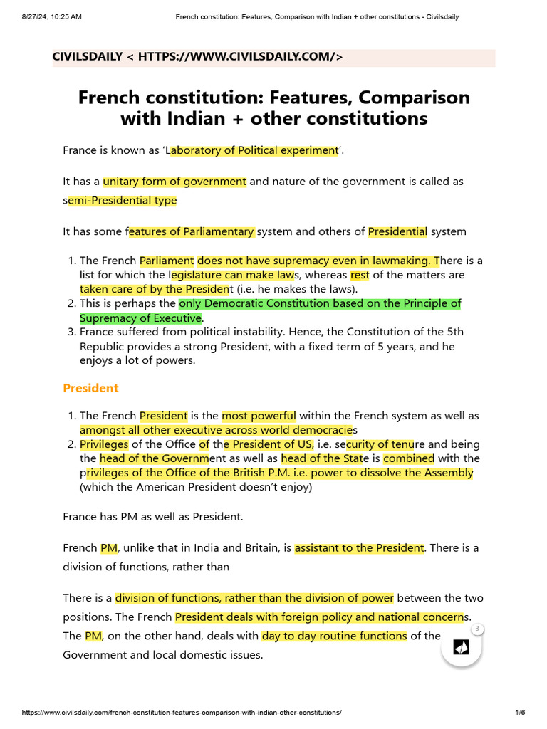 French Constitution - Features, Comparison With Indian + Other ...