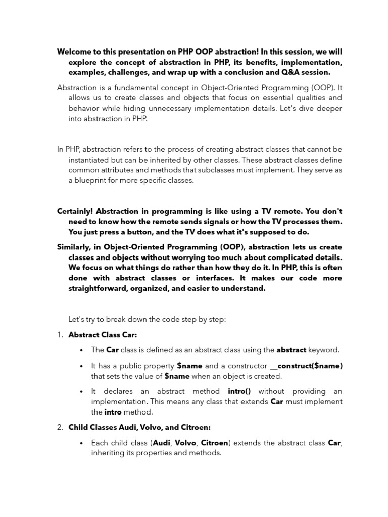 Welcome To This Presentation On Php Oop Abstraction Pdf Class Computer Programming