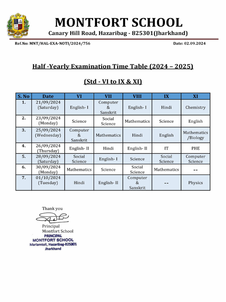 Half Yearly Exam Time Table STD VI To XI 2024 PDF