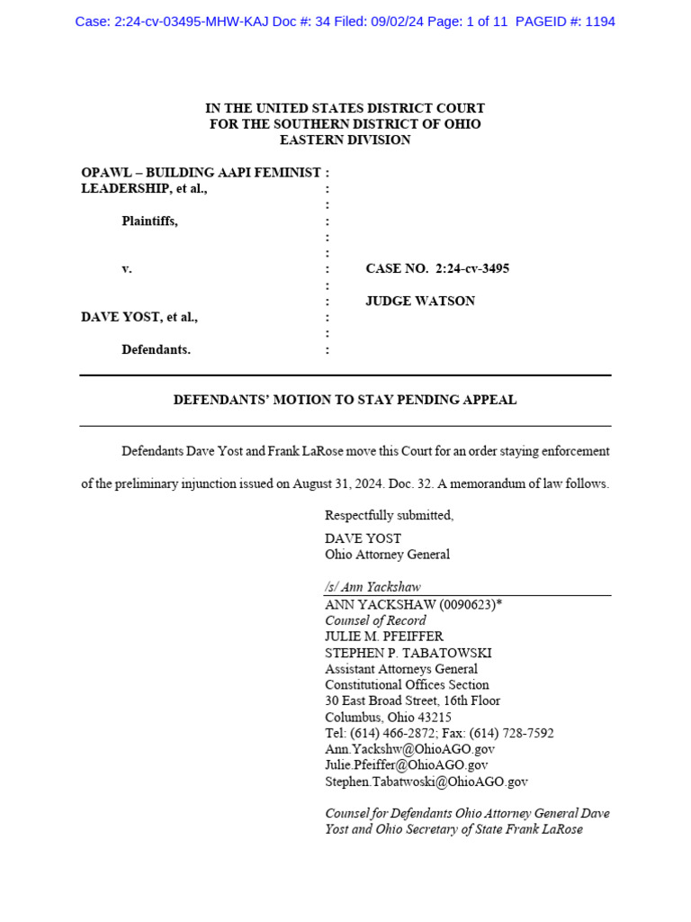 Ohio Motion To Stay Foreign Funding Ruling | PDF | Injunction | Politics