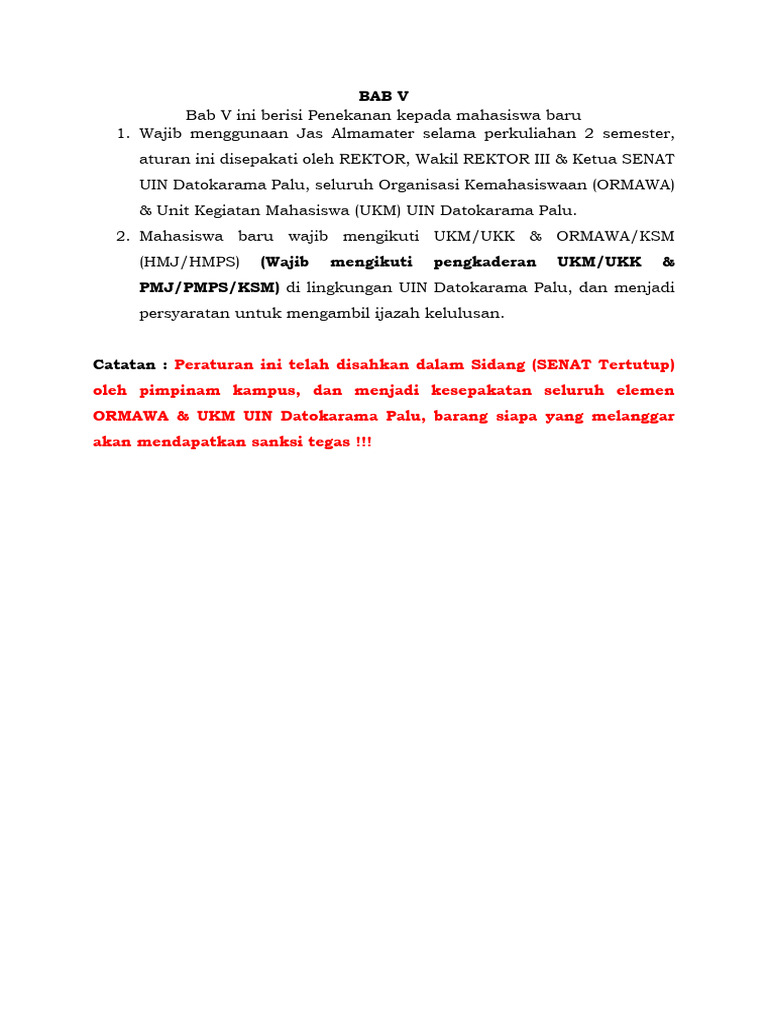 Surat Edaran Untuk Mahasiswa Baru Peraturan Ormawa Oleh Senat Mahasiswa UIN Datokarama Palu | PDF
