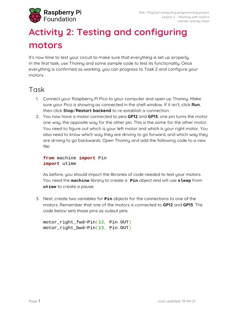 Activity 2 worksheet - Testing and configuring motors | PDF