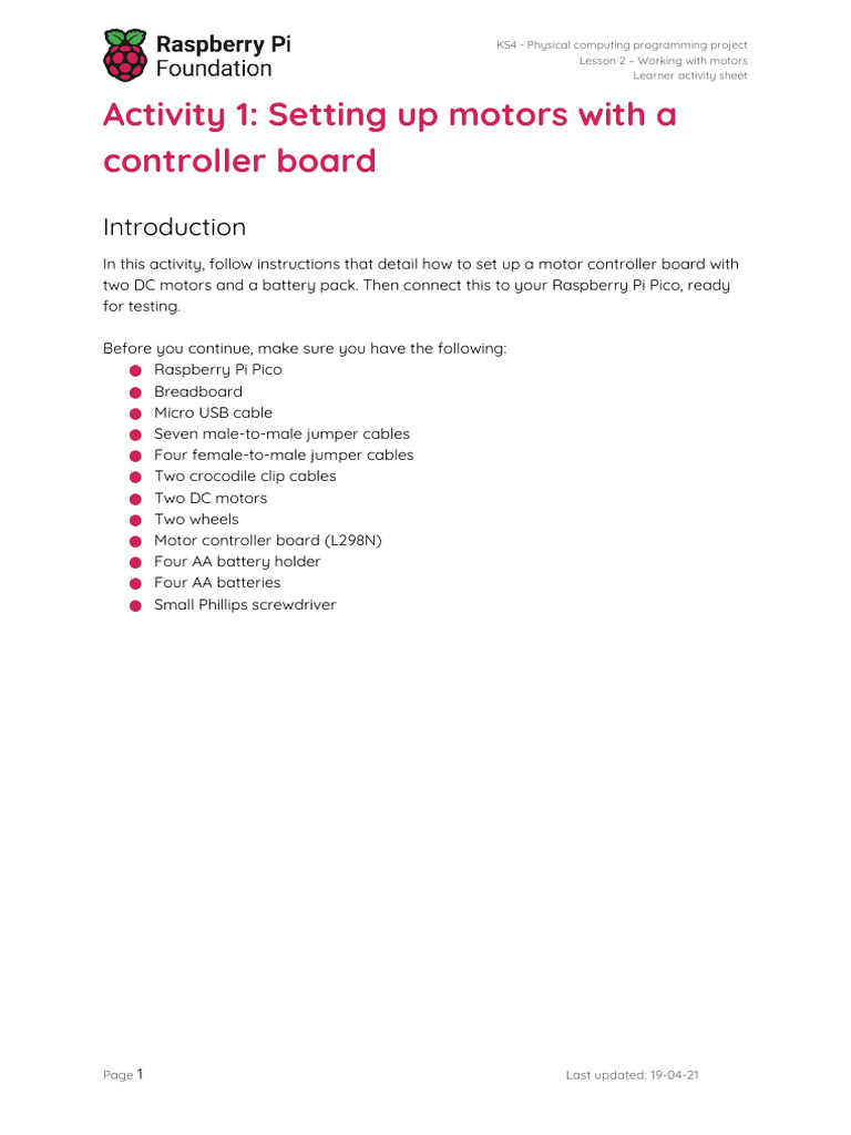 Activity 1 Worksheet - Setting Up A Motors With A Controller Board | PDF