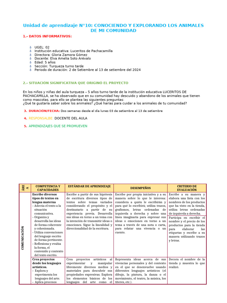 Unidad de Aprendizaje N°10 ANIMALES | PDF