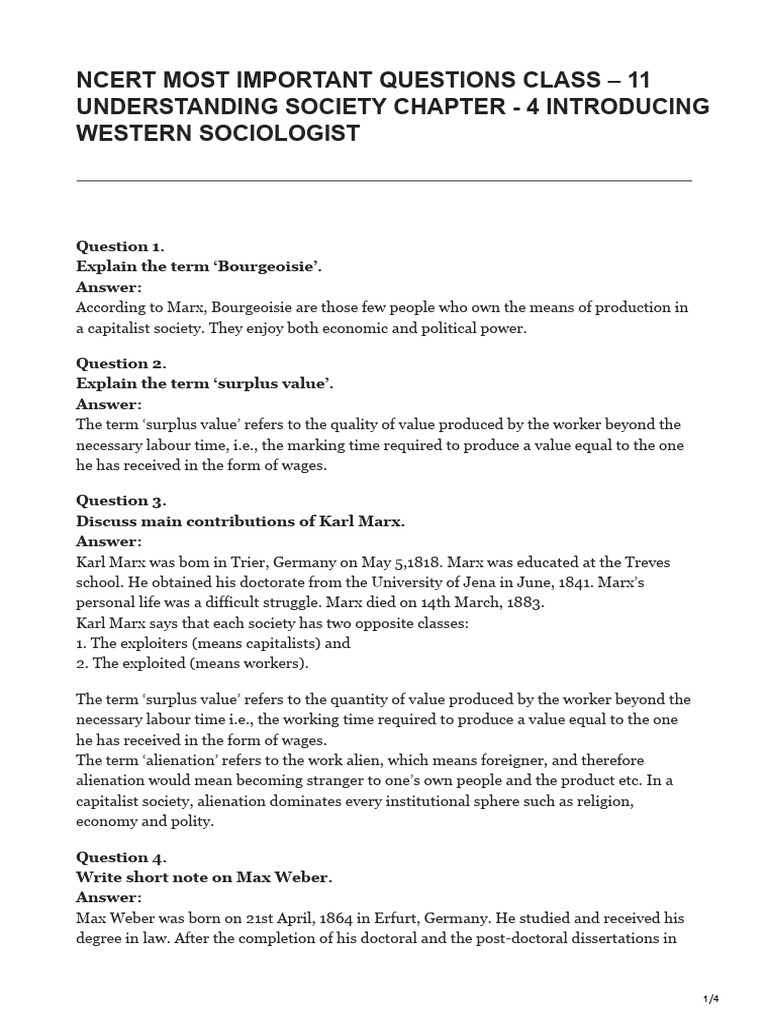 Class 11 Chapter 4 Understanding Society Important Question | PDF