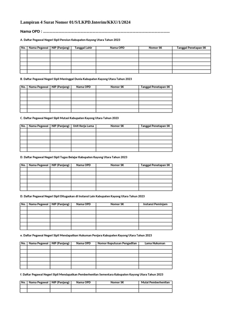 S - 01 - Lampiran 6 - Format Data Pegawai Meninggal DLL | PDF