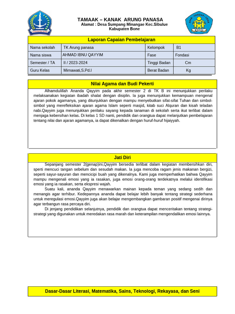 Semester2TKB-Contoh Rapor PAUD Kurikulum Merdeka | PDF